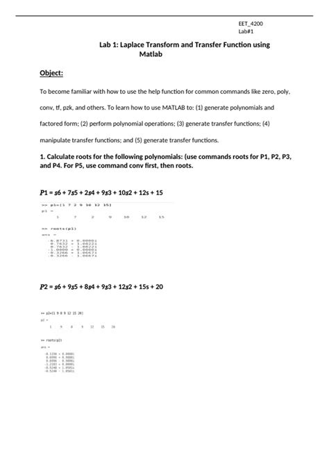 Lab 1 Laplace Transform And Transfer Function Using Matlab Eet 4200