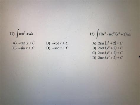 solved integral csc 2 x dx a tan x c b cot x c c