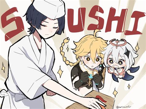 Aether Paimon And Scaramouche Genshin Impact Drawn By Arirurih