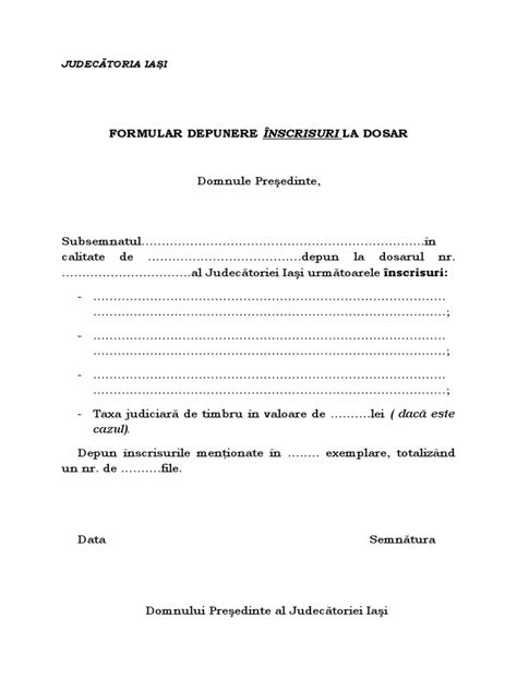 Formular Depunere Înscrisuri La Dosar Pdf