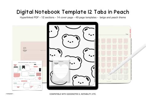 12 Tabs Digital Notebook Template In Peach Beige Page Cute Etsy