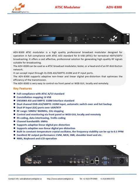 Atsc Modulator Adv 8300 Specs Pdf Modulation Electronic Engineering