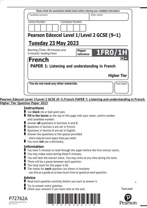 Pearson Edexcel Level 1 Level 2 Gcse 9 1 French Paper 1 Listening And Understanding In French