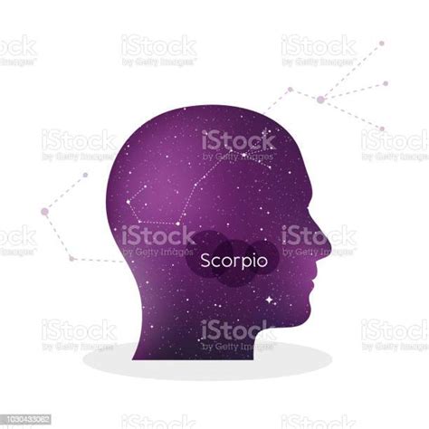 전갈 자리 조디악 로그인 하십시오입니다 프로필에서 남자 초상화입니다 별자리 기호 선형 별자리입니다 스타 우주 텍스처입니다 벡터 일러스트 레이 션 남자에 대한 스톡 벡터 아트