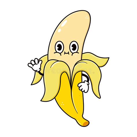 Cute Funny Banana Waving Hand Character Vector Hand Drawn Traditional