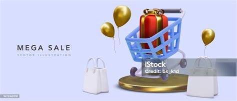 메가 판매 촉진 배너 3d 현실적인 카트 플랫폼과 쇼핑백과 풍선에 선물이 있습니다 벡터 그림 3차원 형태에 대한 스톡 벡터 아트 및 기타 이미지 Istock