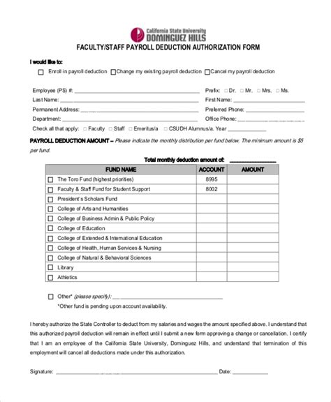 Payroll Deduction Authorization Form Template Free Sample Example And Format Template