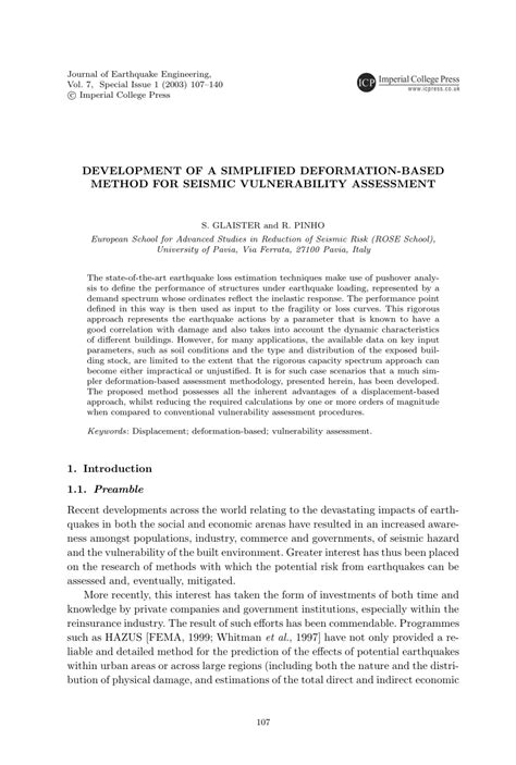 Pdf Development Of A Simplified Deformation Based Method For Seismic Vulnerability Assessment