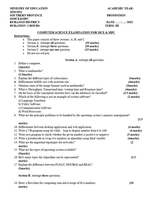 Computer Science Examination Of The Third Term 2021 For S6 Pdf