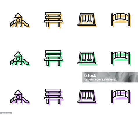 아이들을 위한 라인 그네 슬라이드 놀이터 벤치 및 놀이터 다리 아이콘을 설정합니다 벡터 0명에 대한 스톡 벡터 아트 및 기타 이미지 Istock