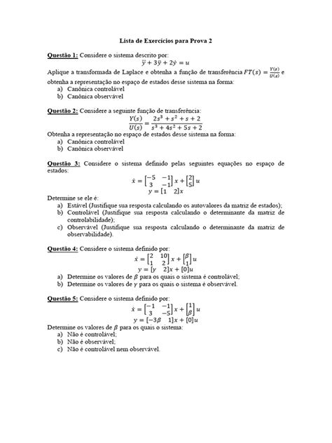Lista De Exercícios Para Prova 2 Scaa 2024 Pdf Autovalores E Autovetores Teoria Da Matrix