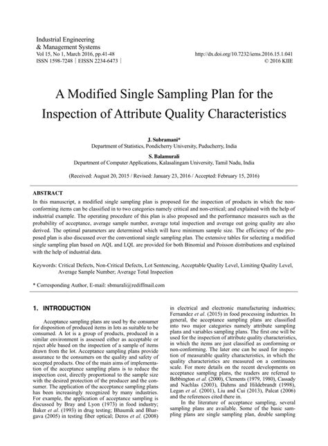 Pdf A Modified Single Sampling Plan For The Inspection Of Attribute Quality Characteristics