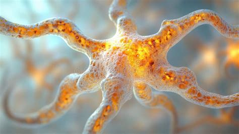 A Microscopic View Of A Neuron With A Glowing Nucleus And Dendrites