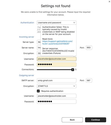authentication failed unable to add email account mailbird