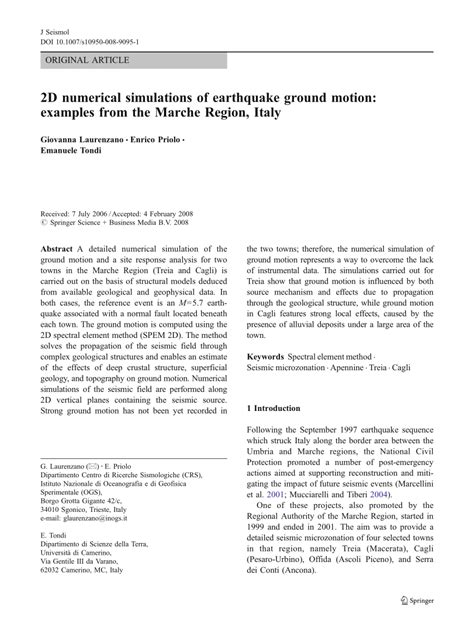 Pdf 2d Numerical Simulations Of Earthquake Ground Motion Examples From The Marche Region Italy