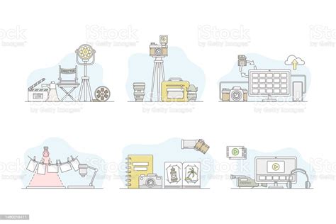 전문 사진 작가 장비 세트 디지털 카메라 사진 도구 사진 편집 벡터 일러스트 레이 션 개인 장식품에 대한 스톡 벡터 아트 및 기타 이미지 개인 장식품 과거 매스컴