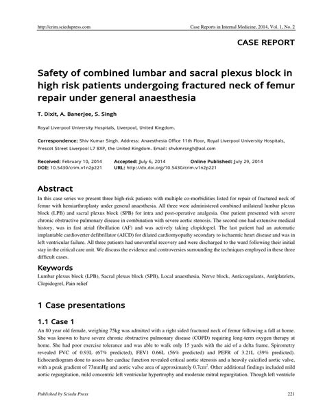Pdf Safety Of Combined Lumbar And Sacral Plexus Block In High Risk Patients Undergoing