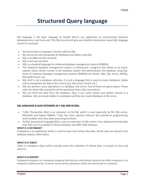 Its319 Week2 Lecture And Practice Notes Structured Query Language