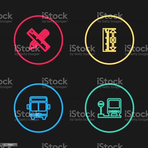 라인 버스 정지 높이 및 길이 측정 및 교차 눈금자 연필 아이콘을 설정합니다 벡터 검은색에 대한 스톡 벡터 아트 및 기타 이미지 검은색 관광 교육 Istock