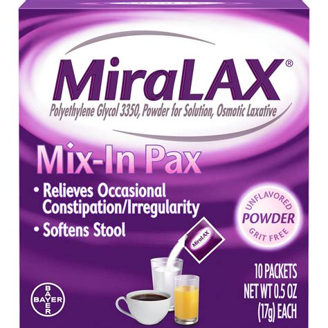 Miralax Mix In Polyethylene Glycol 3350 Powder Laxative 10 Single Doses