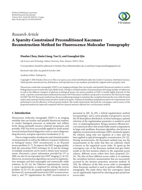 Pdf A Sparsity Constrained Preconditioned Kaczmarz Reconstruction Method For Fluorescence