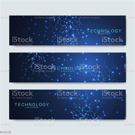 현대 과학적인 배너의 집합입니다 의료 기술 화학 과학에 대 한 현대 미래 가상 추상 배경 분자 구조 과학 네트워크 패턴 선 및 점 들을 연결 Dna에 대한 스톡 벡터 아트