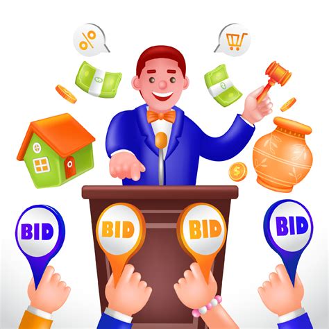 Auction 3d Illustration Of An Auctioneer Speaking Into A Microphone And Selecting A Buyers Bid