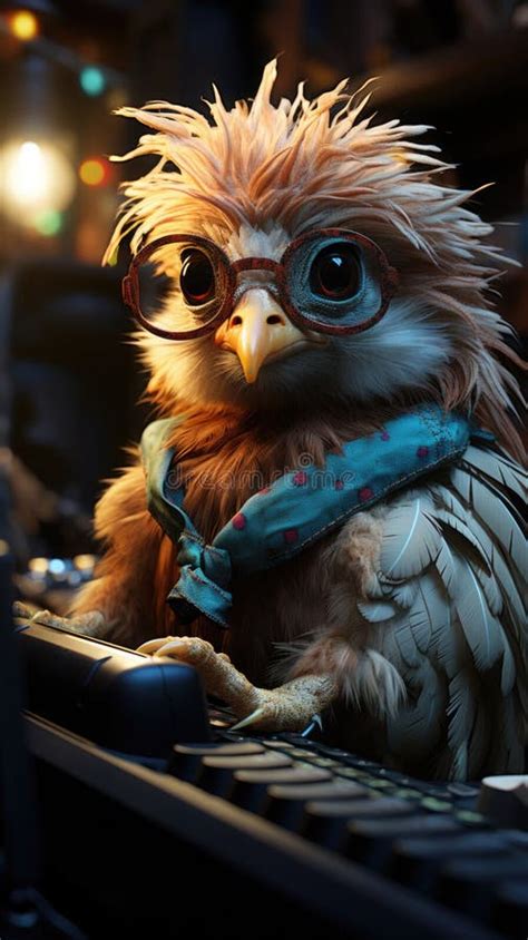 An Owl With Glasses Sitting On A Keyboard Generative Ai Image Stock Illustration