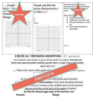 Algebra 1 Absolute Value Functions Unit Test Graphing Equations Transforming