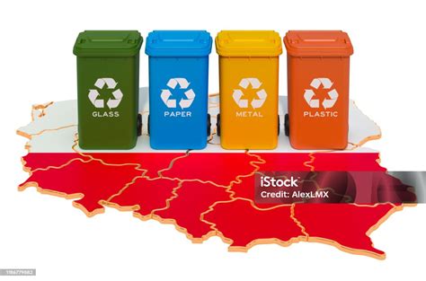폴란드의 폐기물 재활용 폴란드지도에 컬러 쓰레기통 흰색 배경에 고립 된 3d 렌더링 0명에 대한 스톡 사진 및 기타 이미지 0명 3차원 형태 감소 Istock