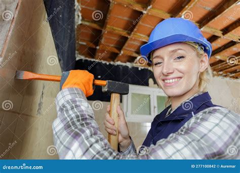 Happy Woman With Hammer And Chisel Stock Photo Image Of Arms Industry 277100842