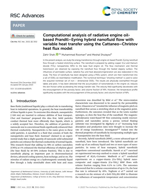 Pdf Computational Analysis Of Radiative Engine Oil Based Prandtl Eyring Hybrid Nanofluid Flow