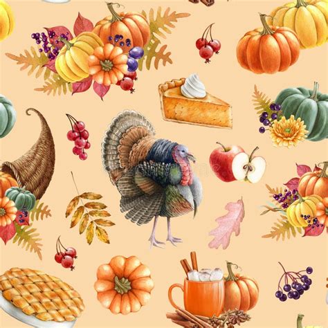Thanksgiving Decor Elements Festive Seamless Pattern Watercolor
