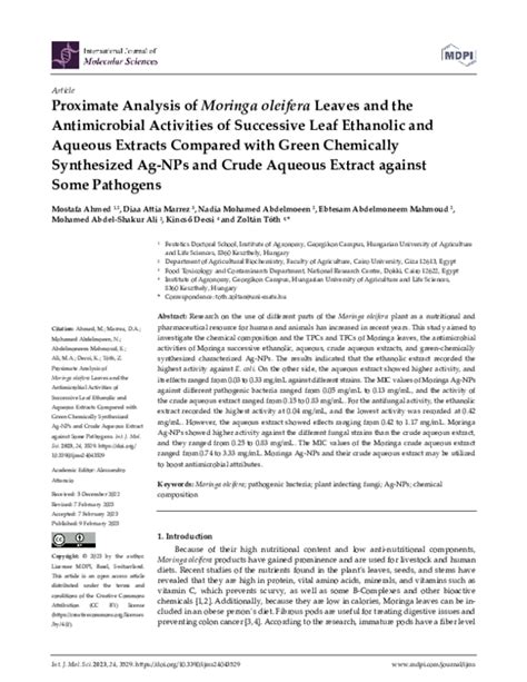 Pdf Proximate Analysis Of Moringa Oleifera Leaves And The Antimicrobial Activities Of