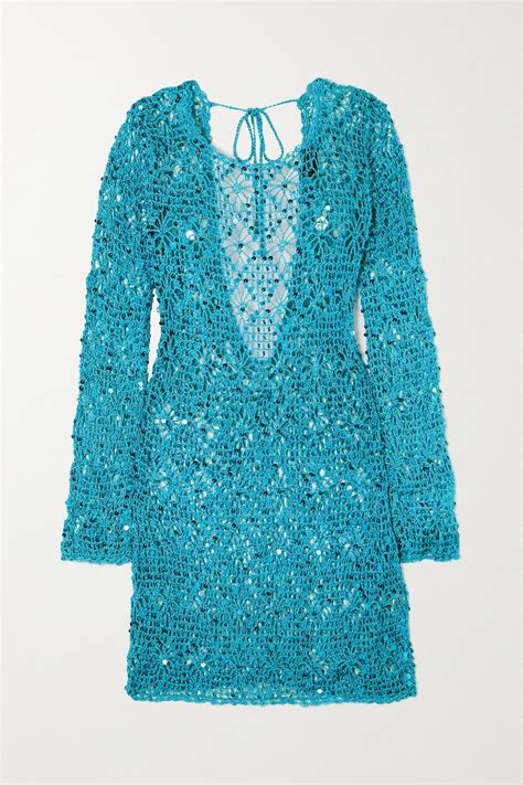 Retrofete Mira Sequin Embellished Crochet Knit Mini Dress Blue Editorialist
