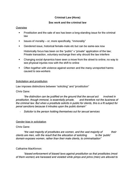Sex Work And Crim Law Criminal Law Hons Sex Work And The Criminal Law Overview Prostitution
