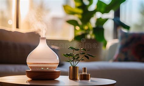 An Aromatherapy Diffuser With A Plant Is Set Up On A Table With A Glass