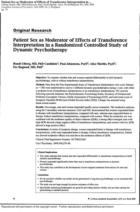 Pdf Patient Sex As Moderator Of Effects Of Transference Interpretation In A Randomized