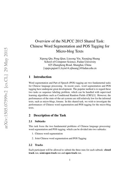 PDF Overview Of The NLPCC 2015 Shared Task Chinese Word Segmentation And POS Tagging For