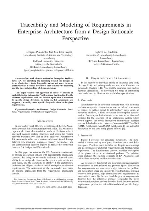 Pdf Traceability And Modeling Of Requirements In Enterprise Architecture From A Design
