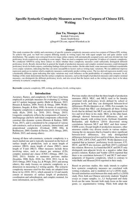 Pdf Specific Syntactic Complexity Measures Across Two Corpora Of Chinese Efl Writing