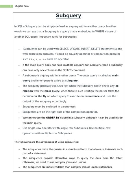 Subquery Query And Inner Query Is Called As Subquery Pdf Cybernetics Computer Programming