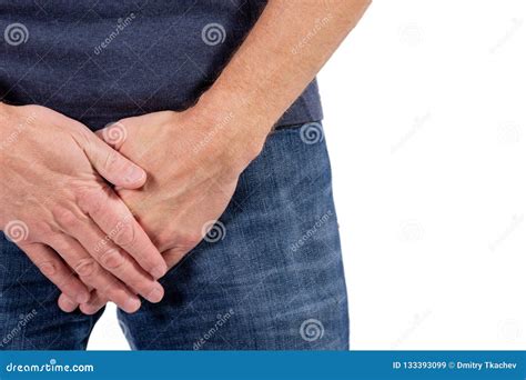 Man Holding His Urethra In Pain Men Problems On White Background Medical Concept Stock Image