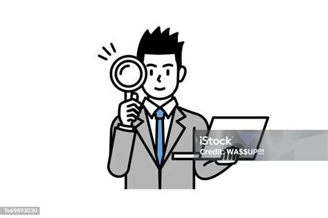 노트북과 돋보기를 들고 있는 사업가를 묘사한 만화 스톡 일러스트레이션 주식 금융 비즈니스 교육 등에 대한 삽화 검색에 대한 스톡 벡터 아트 및 기타 이미지 Istock