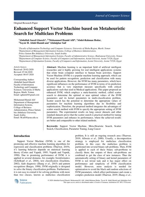 Pdf Enhanced Support Vector Machine Based On Metaheuristic Search For Multiclass Problems