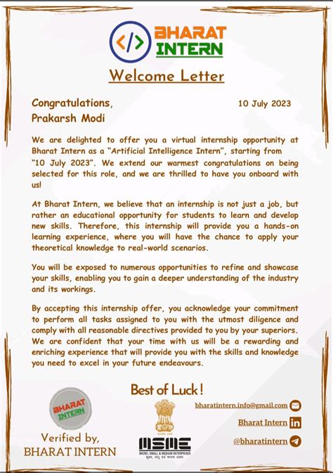 Prakarsh Modi On Linkedin Bharatintern Ai Internship