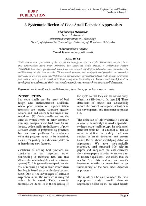 Pdf A Systematic Review Of Code Smell Detection Approaches