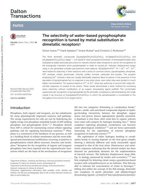 Pdf The Selectivity Of Water Based Pyrophosphate Recognition Is Tuned By Metal Substitution In