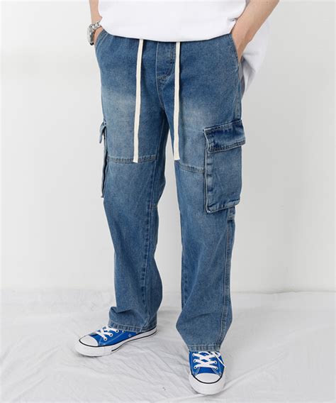 필크 카고 밴딩청바지 여름 고무줄 세미 와이드 배기팬츠 에이블리