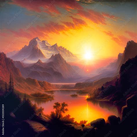Sunset Over Snowy Mountains A Detailed Landscape Painting That